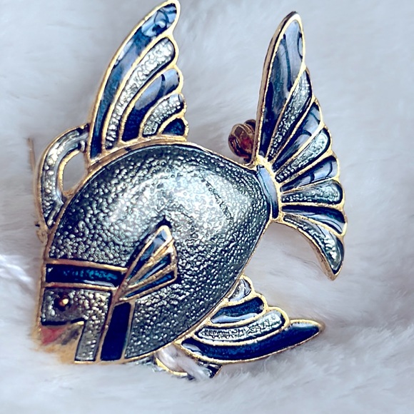 Jewelry | Vintage Blue Enamel Angel Fish Brooch Gold Accent Trim | Poshmark